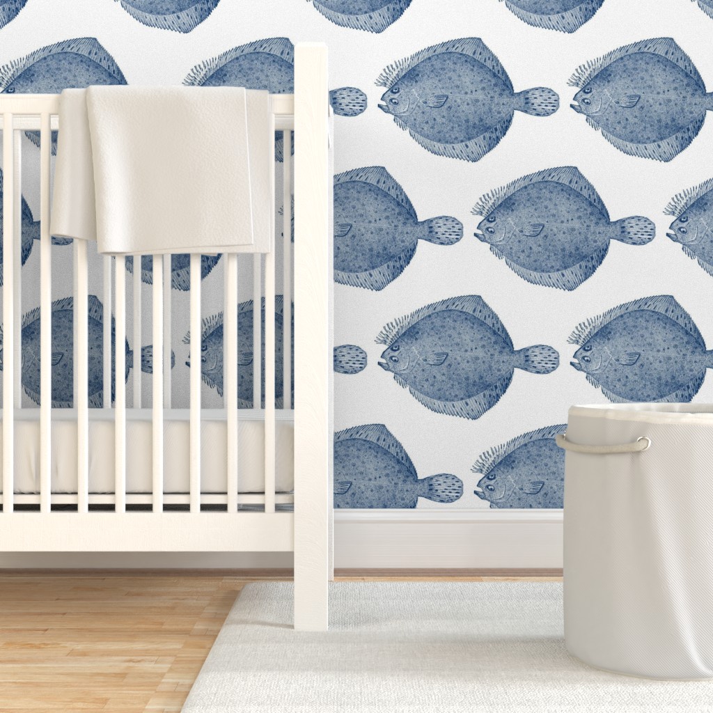 Vintage Flounder Fish Illustration - Blue and White Wallpaper | Shutterfly
