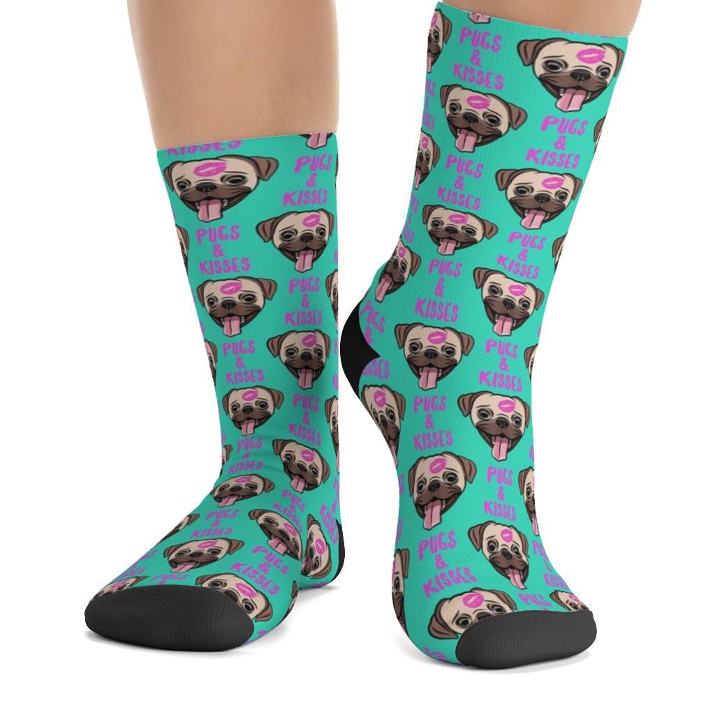 Pugs & Kisses - Cute Pug Dog - Teal Custom Socks | Shutterfly