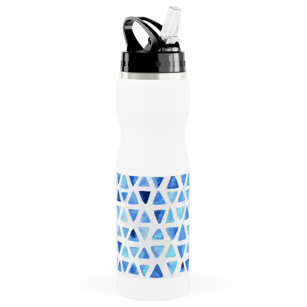 Watercolor Triangles - Blue Stainless Steel Water Bottle with Straw ...